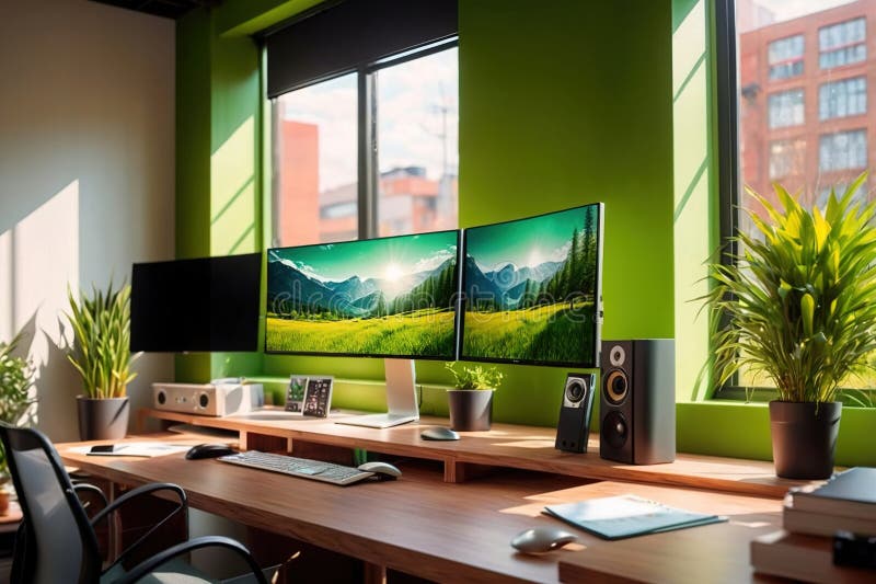 Modern Bright Green Office with Work Desk and Computer Screen Stock ...