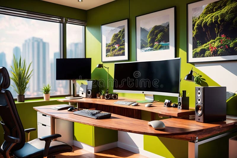 Modern Bright Green Office with Work Desk and Computer Screen Stock ...