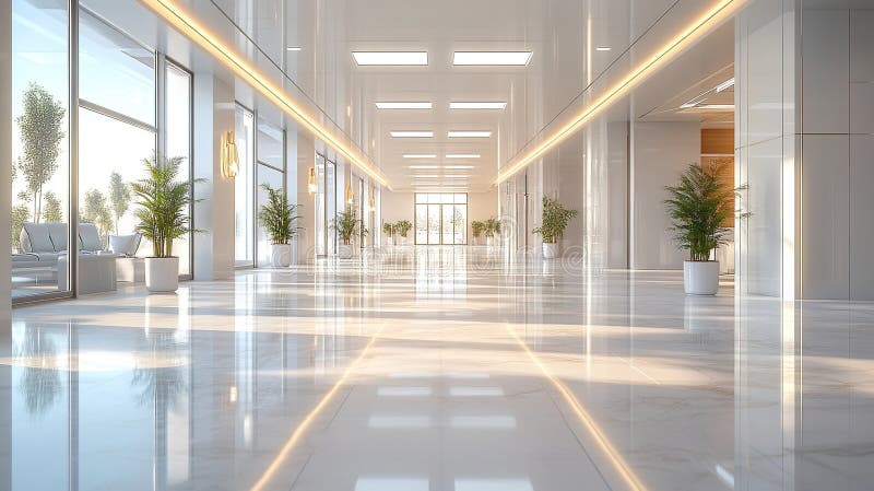 Modern, Bright Hallway with Marble Floor, Plants, and Large Windows ...