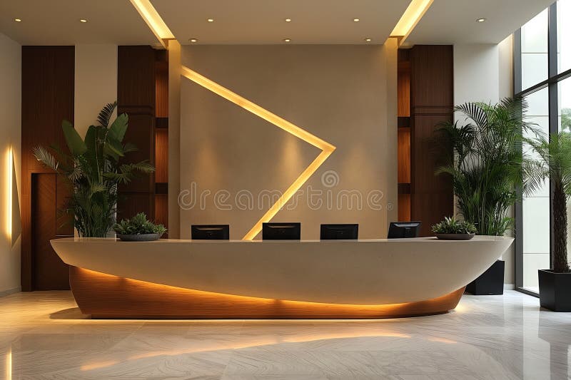 Modern Hotel Reception Desk with Elegant Lighting and Plants Stock ... Modern Hotel Reception Desk with Elegant Lighting and Plants Stock ...