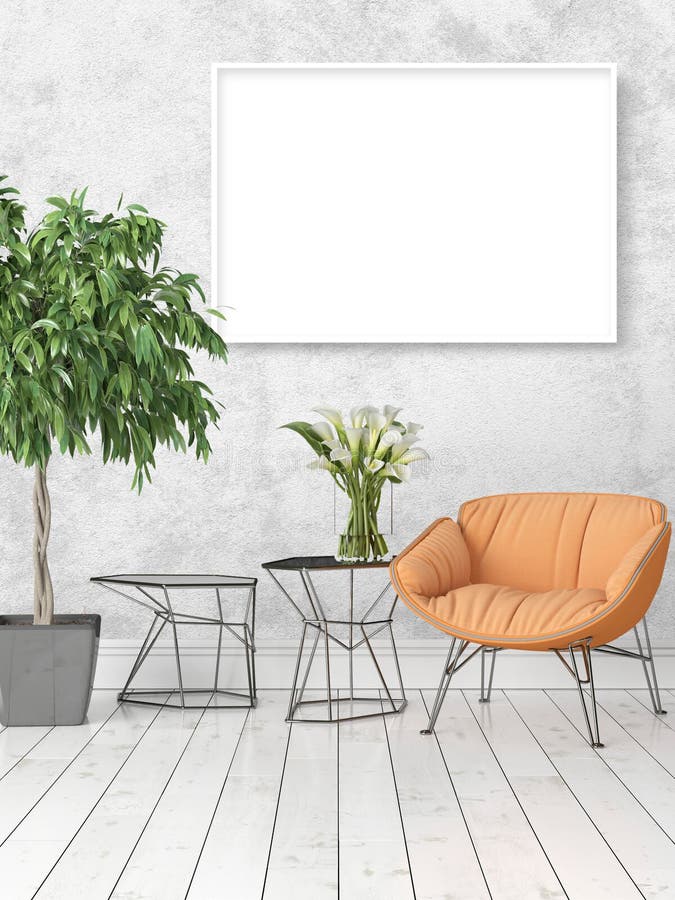 Modern Bright Interior with Empty Frame . 3D Rendering Stock Illustration - Illustration of ...