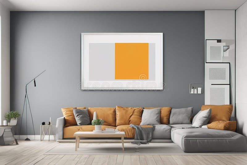 Modern Bright Interior with Empty Frame. 3 D Renderingmodern Bright Interior with Empty Frame ...