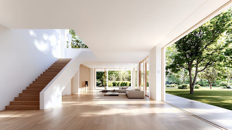 Modern Bright Interior with Open Design and Large Windows Overlooking ...