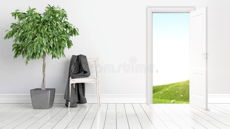 Modern Bright Interior with Open Door . 3D Rendering Stock Illustration ...