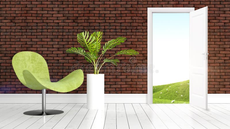 Modern Bright Interior with Open Door . 3D Rendering Stock Illustration ...
