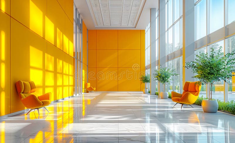 Modern Bright Interior of Reception Area with Panoramic Windows and ...