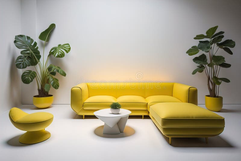 Modern Bright Interiors. Living Room with Yellow Sofa Stock Illustration - Illustration of ...