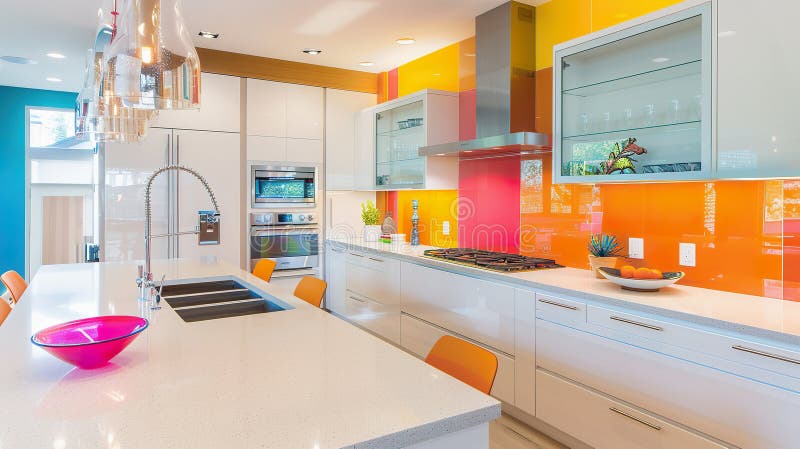 Modern Kitchen Design with Vibrant Color Accents and Lighting Stock ...