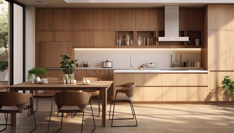 Modern Bright Kitchen Interior with Wood Stools. Generative Ai Stock ...