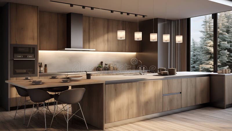 Modern Bright Kitchen Interior with Wood Stools. Generative Ai Stock ...