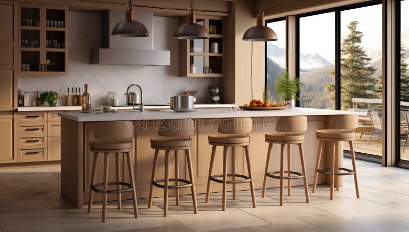 Modern Bright Kitchen Interior with Wood Stools. Generative Ai Stock ...