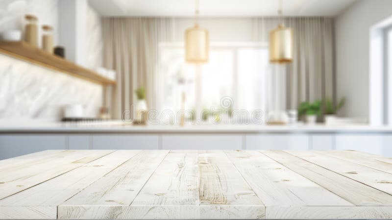 Modern Bright Kitchen Interior with Wooden Table in Focus Stock ...