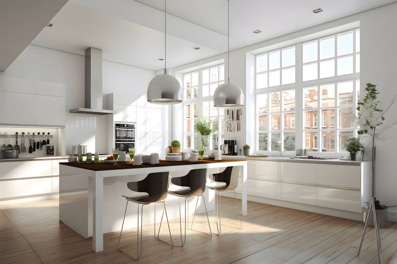 A Modern and Bright Kitchen - White Lacquered Colors Stock Illustration ...