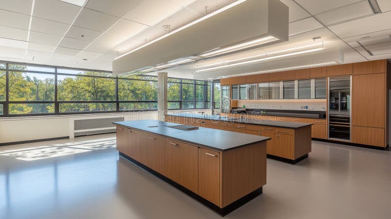 Modern and Bright Laboratory Interior with Large Windows and Wood ...