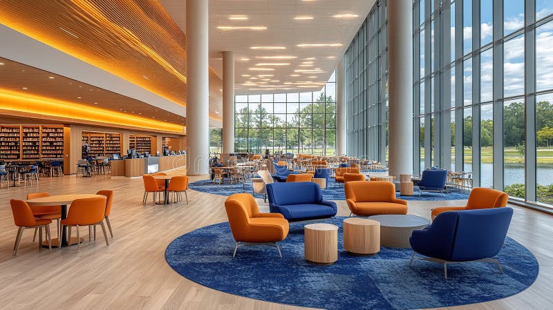 Modern, Bright Library with Comfortable Seating Areas and Floor-to ...