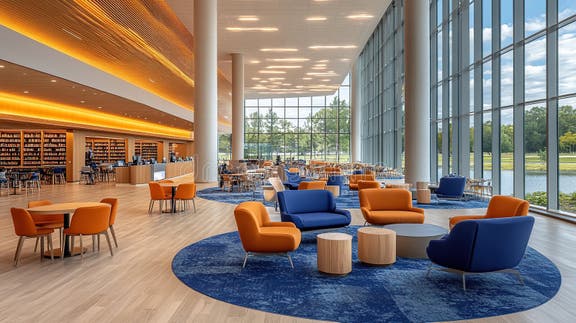 Modern, Bright Library with Comfortable Seating Areas and Floor-to ...
