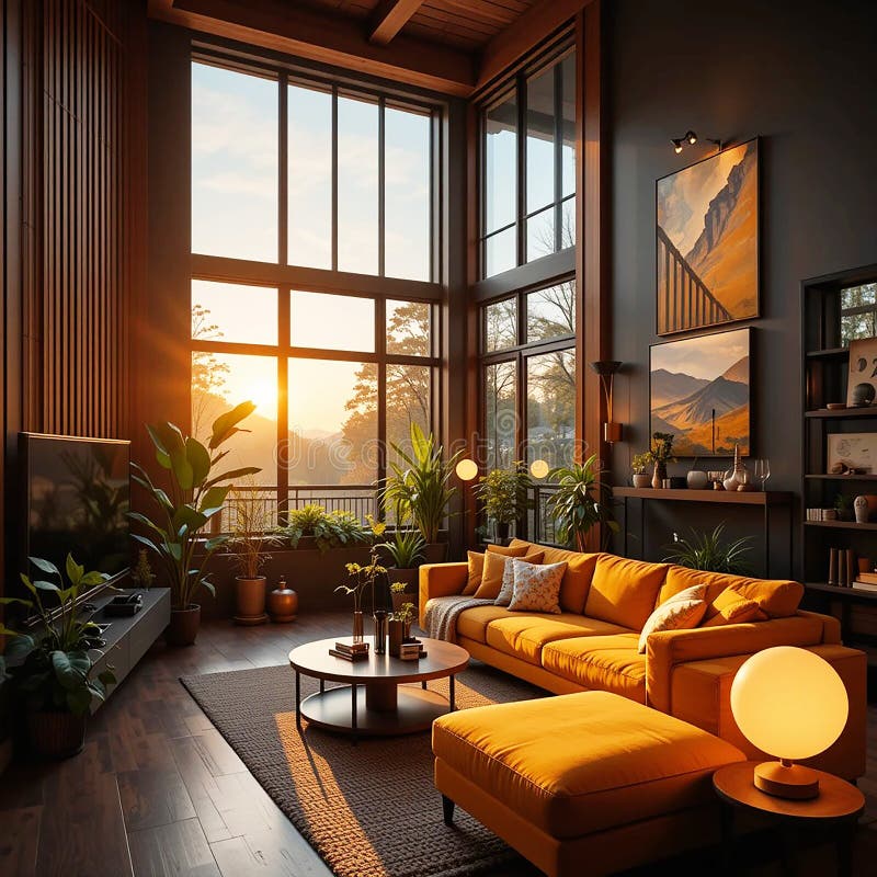 Modern Bright Living Room with Mustard Yellow Sectional Sofa Stock ...