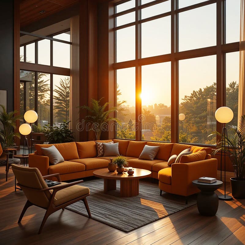 Modern Bright Living Room with Mustard Yellow Sectional Sofa Stock ...