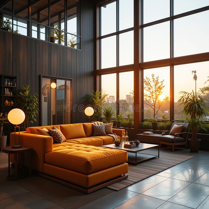 Modern Bright Living Room with Mustard Yellow Sectional Sofa Stock ...