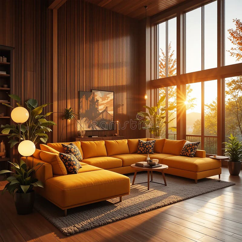 Modern Bright Living Room with Mustard Yellow Sectional Sofa Stock ...