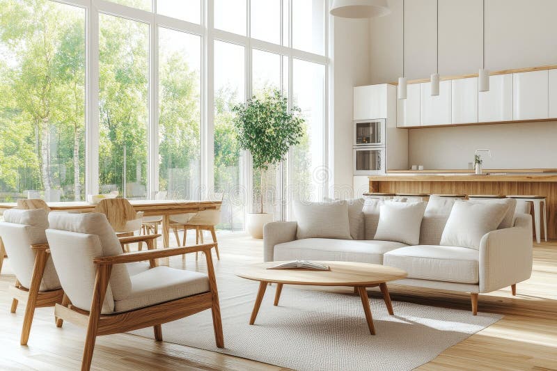 A Modern, Bright Living Space with a Cozy Sofa, Dining Area, and Large ...