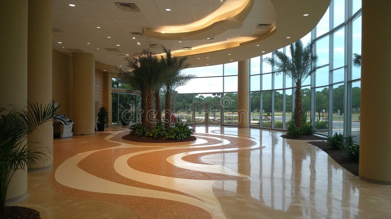 Modern, Bright Lobby with Flowing Patterns, Plants, and Large Windows ...