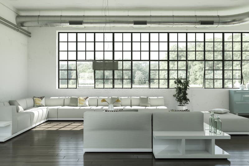 Modern Bright Loft with Big Windows Interior Design Stock Illustration ...