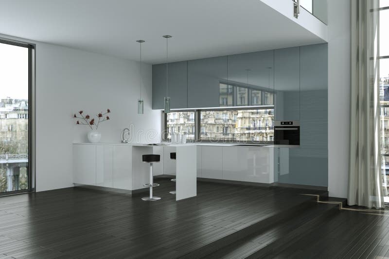 Modern Bright Loft with Big Windows Interior Design Stock Illustration ...