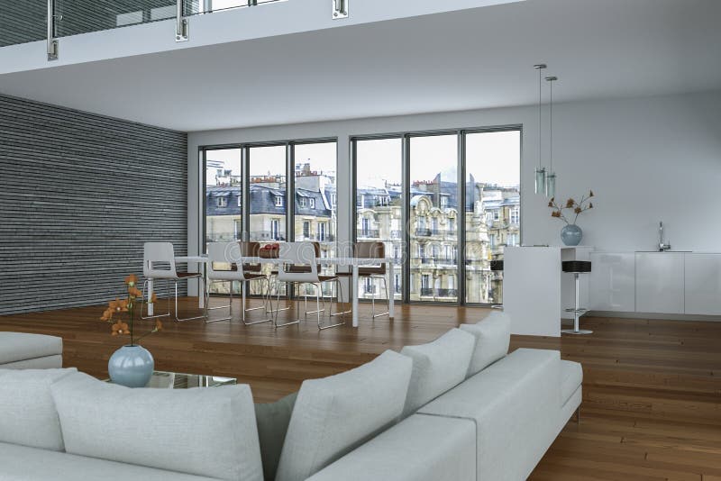 Modern Bright Loft with Big Windows Interior Design Stock Illustration ...