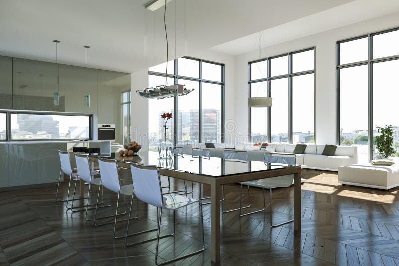 Modern Bright Loft with Big Windows Interior Design Stock Illustration ...