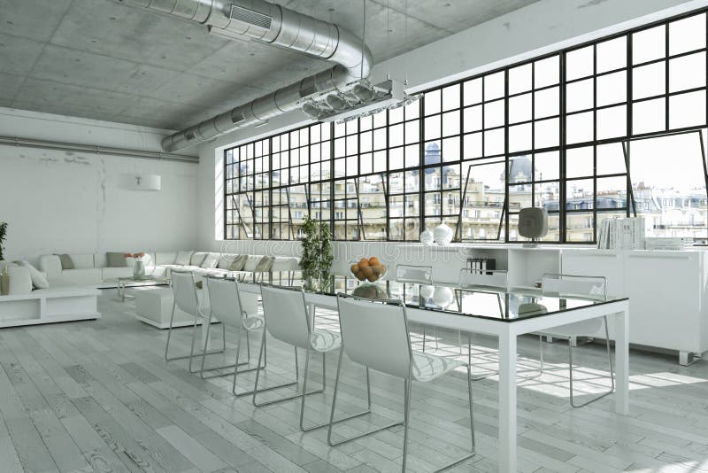 Modern Bright Loft with Big Windows Interior Design Stock Illustration ...