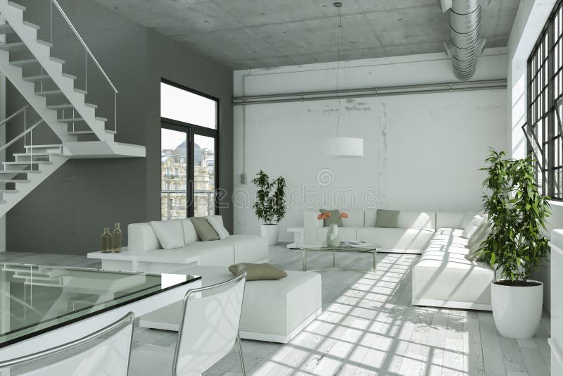 Modern Bright Loft with Big Windows Interior Design Stock Illustration ...