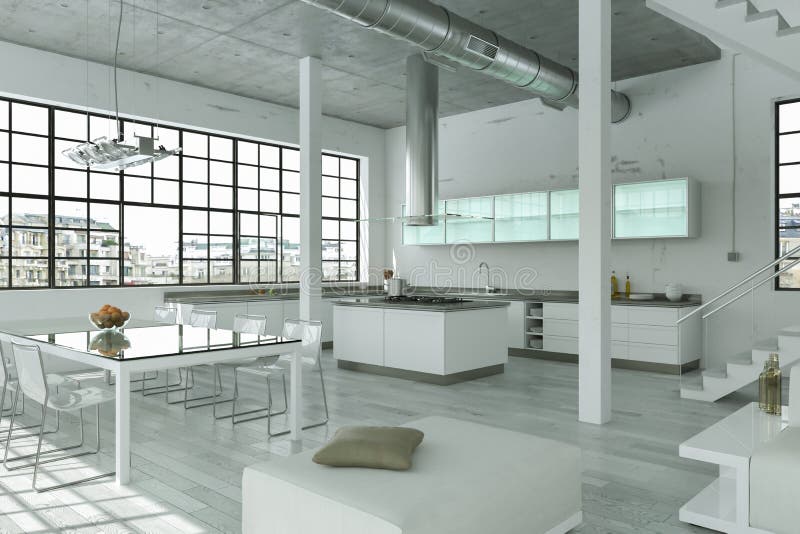 Modern Bright Loft with Big Windows Interior Design Stock Illustration ...