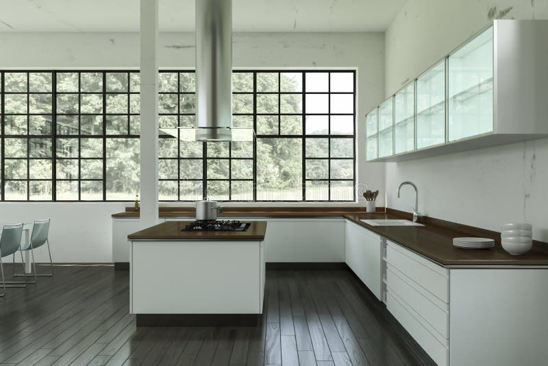 Modern Bright Loft with Big Windows Interior Design Stock Illustration ...