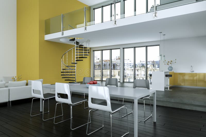 Modern Bright Loft with Big Windows Interior Design Stock Illustration ...