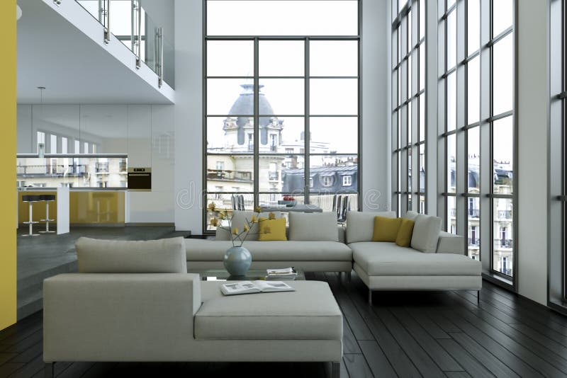 Modern Bright Loft with Big Windows Interior Design Stock Illustration ...