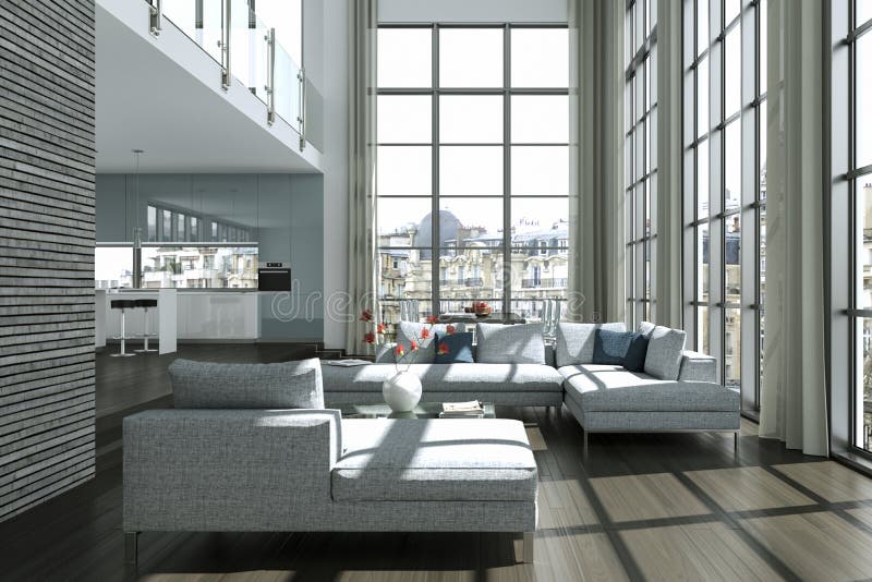 Modern Bright Loft with Big Windows Interior Design Stock Illustration ...