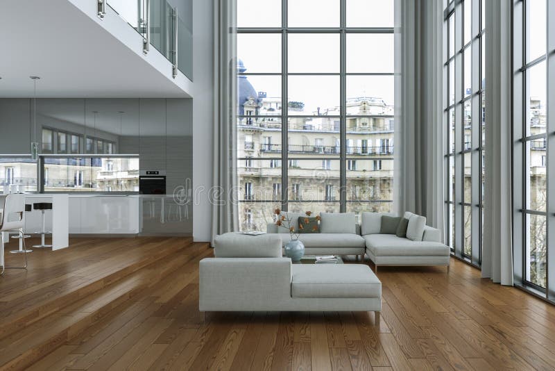 Modern Bright Loft with Big Windows Interior Design Stock Illustration ...