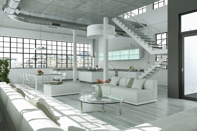 Modern Bright Loft with Big Windows Interior Design Stock Illustration ...