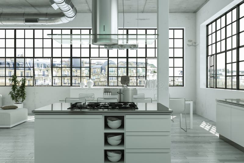 Modern Bright Loft with Big Windows Interior Design Stock Illustration ...