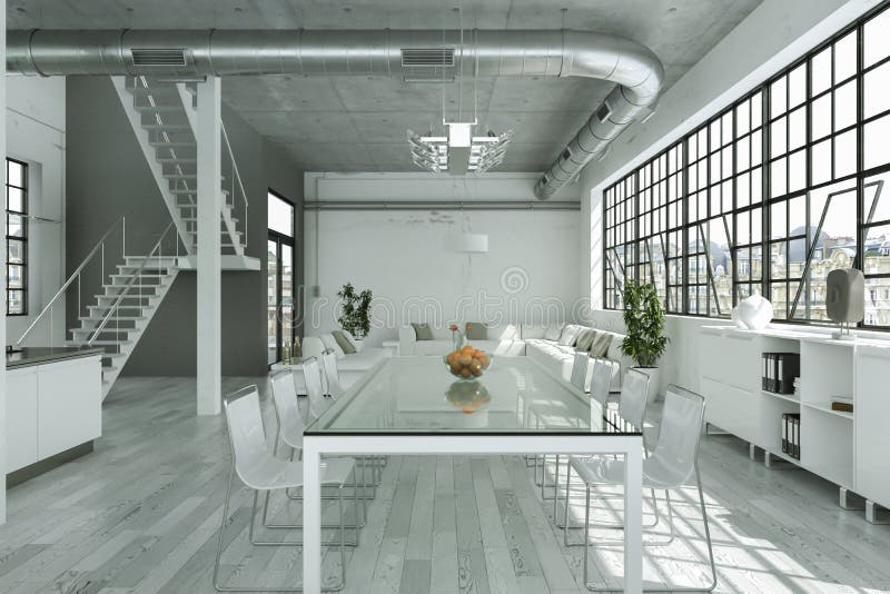 Modern Bright Loft with Big Windows Interior Design Stock Illustration ...