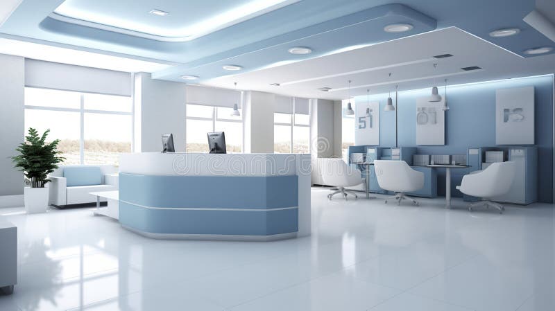 A Modern, Bright Office with a Blue and White Theme, Featuring a ...