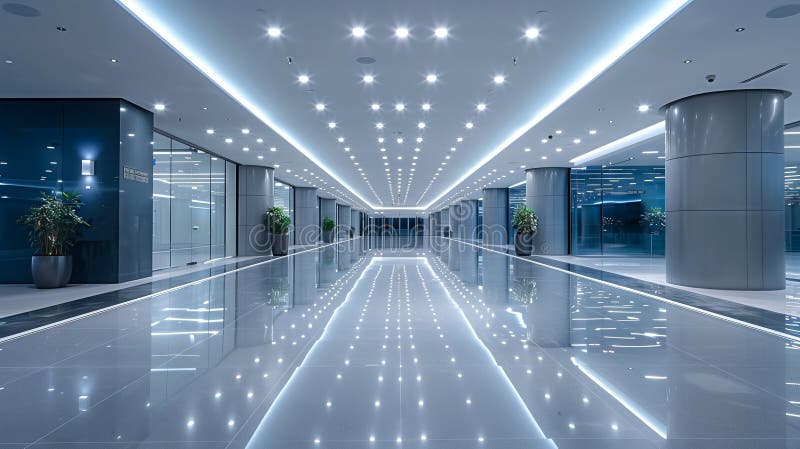 Modern Bright Office Corridor with Reflections Stock Illustration ...