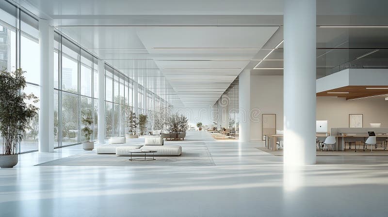 Modern, Bright Office Hallway with Large Windows, Seating Areas, and ...