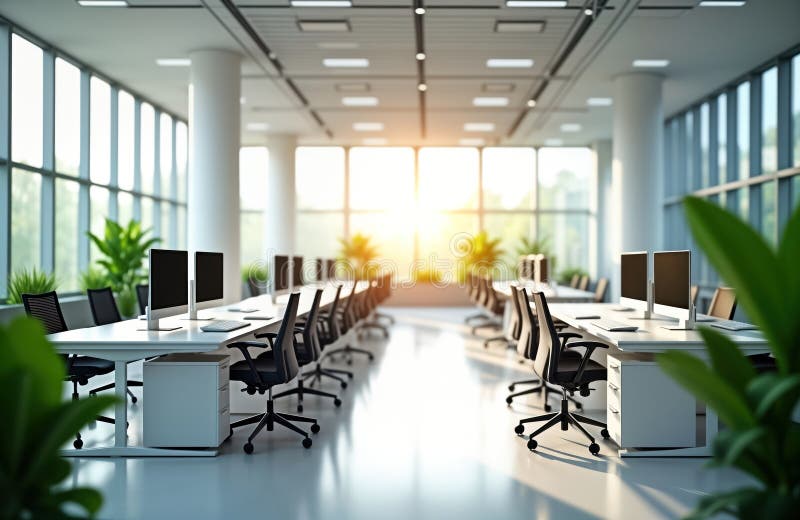 Modern Bright Office Interior with Large Windows. Sunlit Space Shows ...