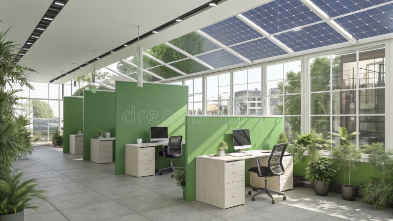 Green Office Interior with Solar Panels and Biophilic Design Stock ...