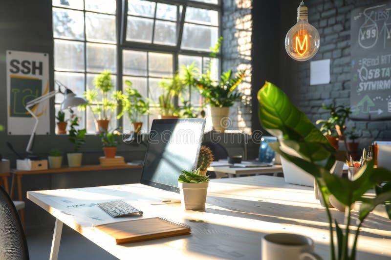 Modern Bright Office Interiors Featuring Stylish Workplace with ...