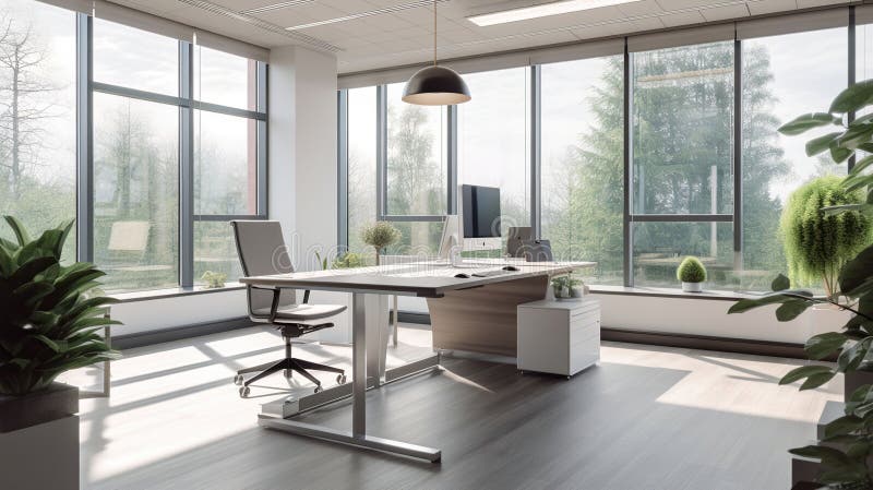 A Modern and Bright Office Scene Features a Well - Lit, Spacious ...