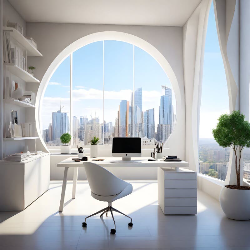 Modern Bright Office Workspace with City View, Featuring Inspiring ...