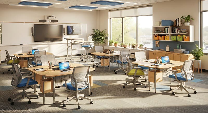 Modern Bright Office Workspace with Multiple Desks Computers and Green Plants Stock Illustration ...